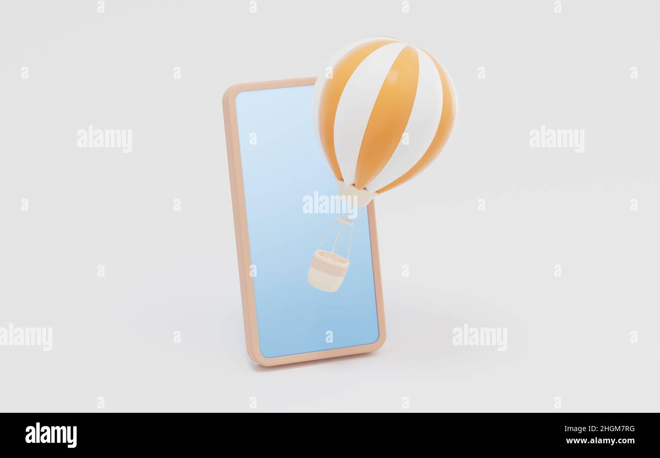 Hot air balloon and phone with white background, 3d rendering. Computer ...