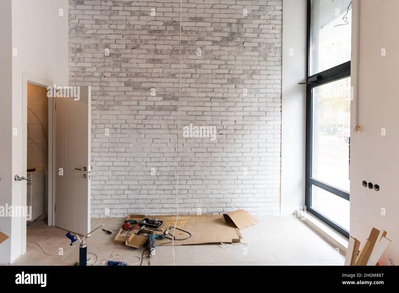 renovated room with shopping window - empty store shop with wooden ...