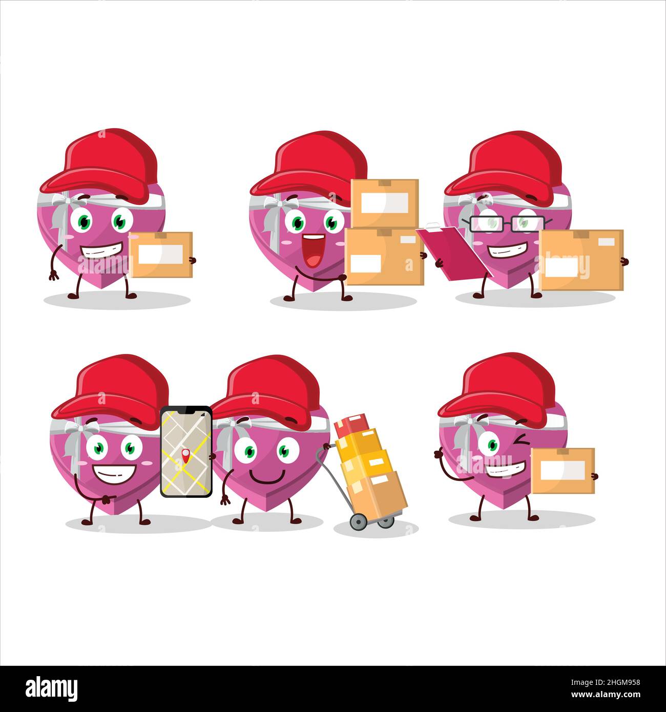 Cartoon character design of pink love gift box working as a courier ...