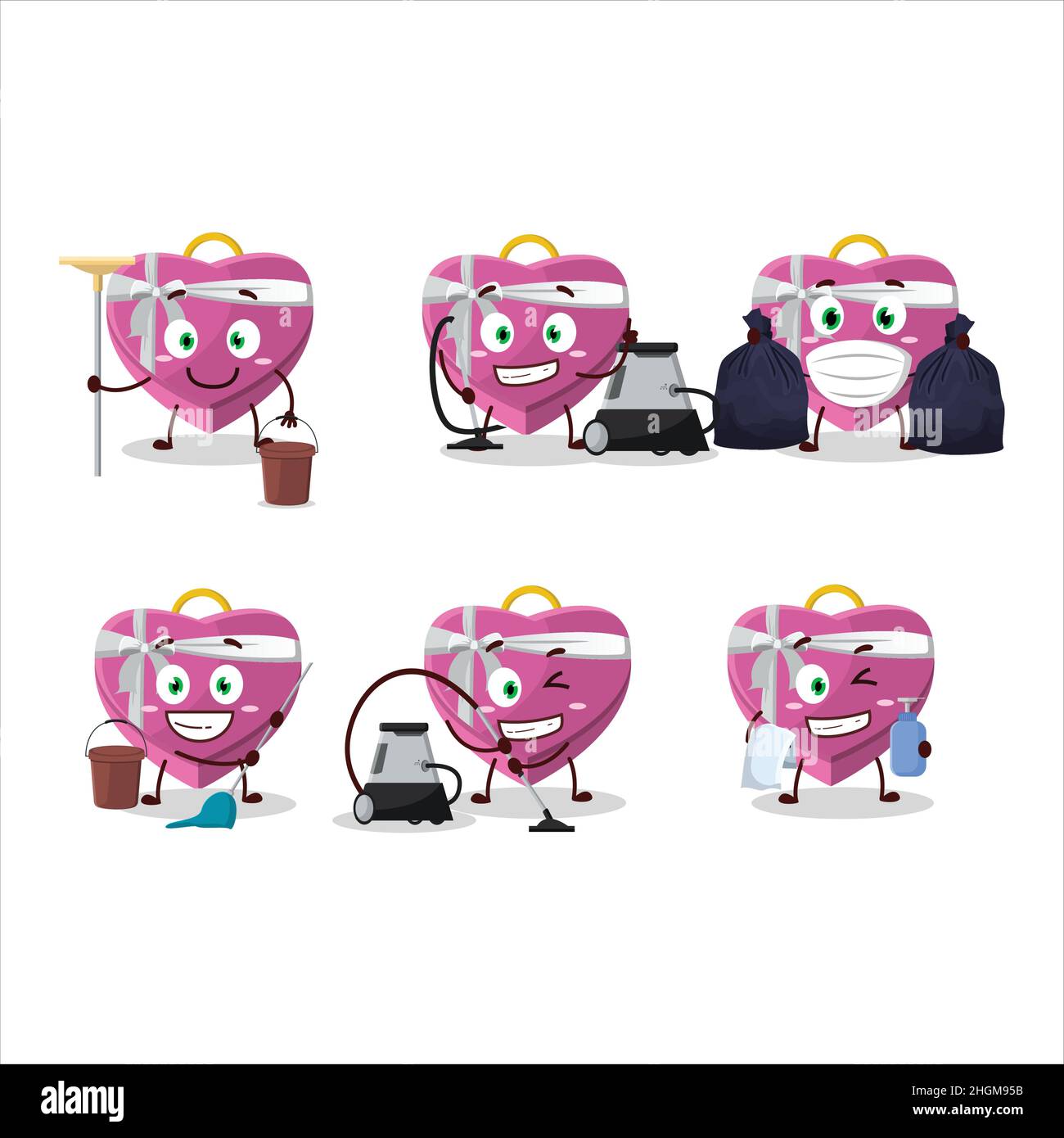 Cleaning service pink love gift box cute cartoon character using mop ...