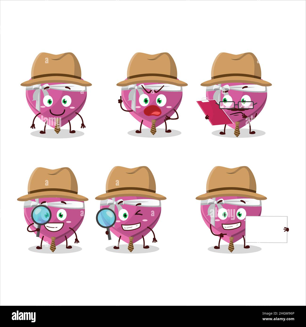 Detective pink love gift box cute cartoon character holding magnifying ...