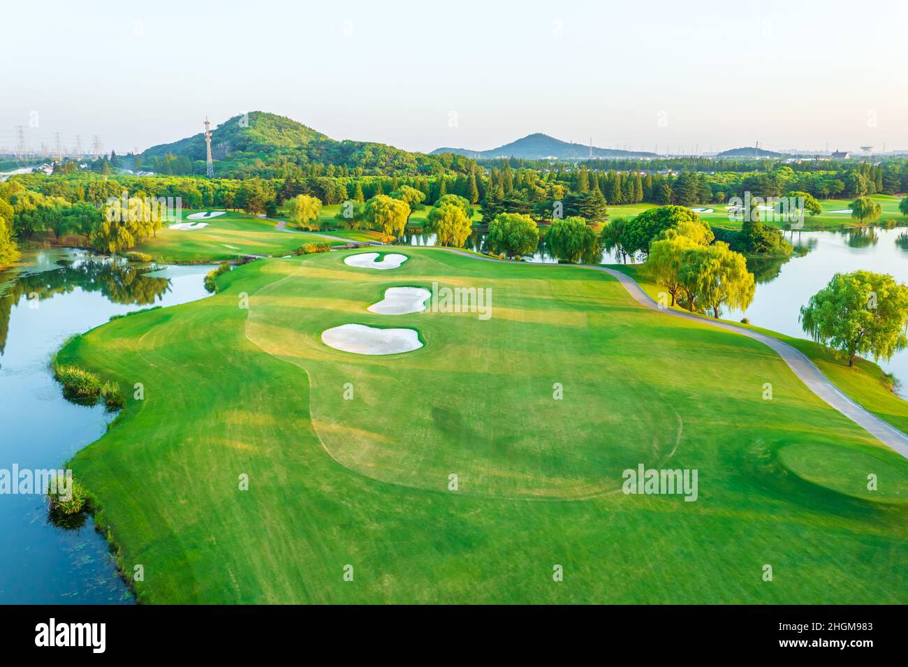 Aerial view of green lawn and forest on golf course.Green golf course ...