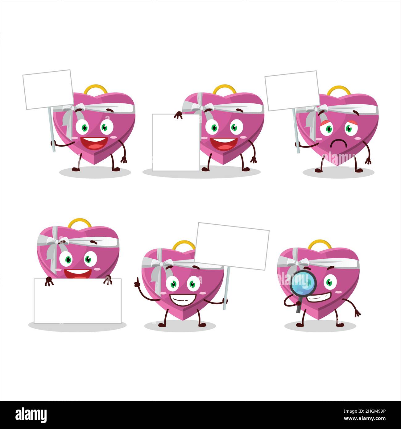 Pink love gift box cartoon character bring information board. Vector ...