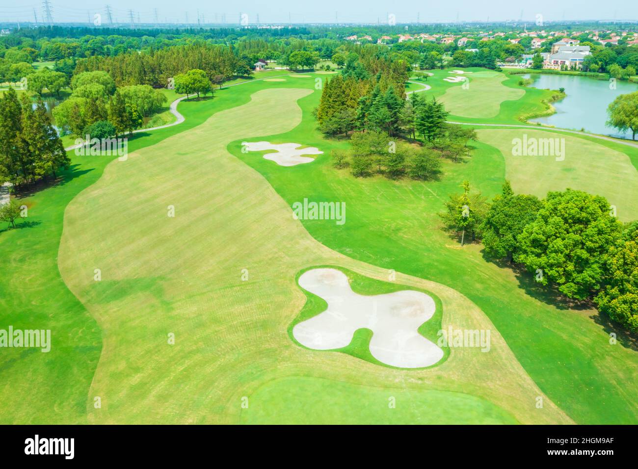 Aerial view of green lawn and forest on golf course.Green golf course ...