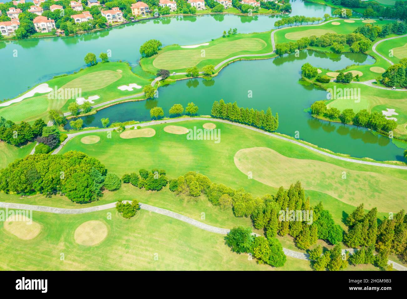 Aerial view of green lawn and forest on golf course.Green golf course ...
