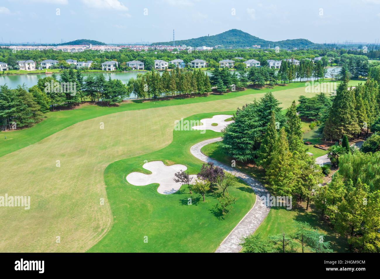 Aerial view of green lawn and forest on golf course Stock Photo - Alamy