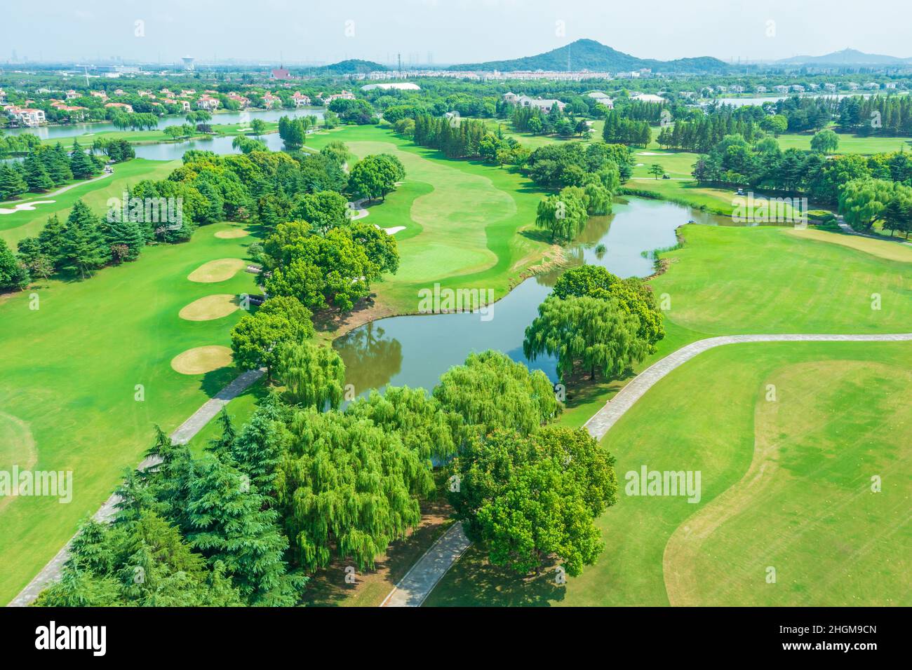 Aerial view of green lawn and forest on golf course Stock Photo - Alamy