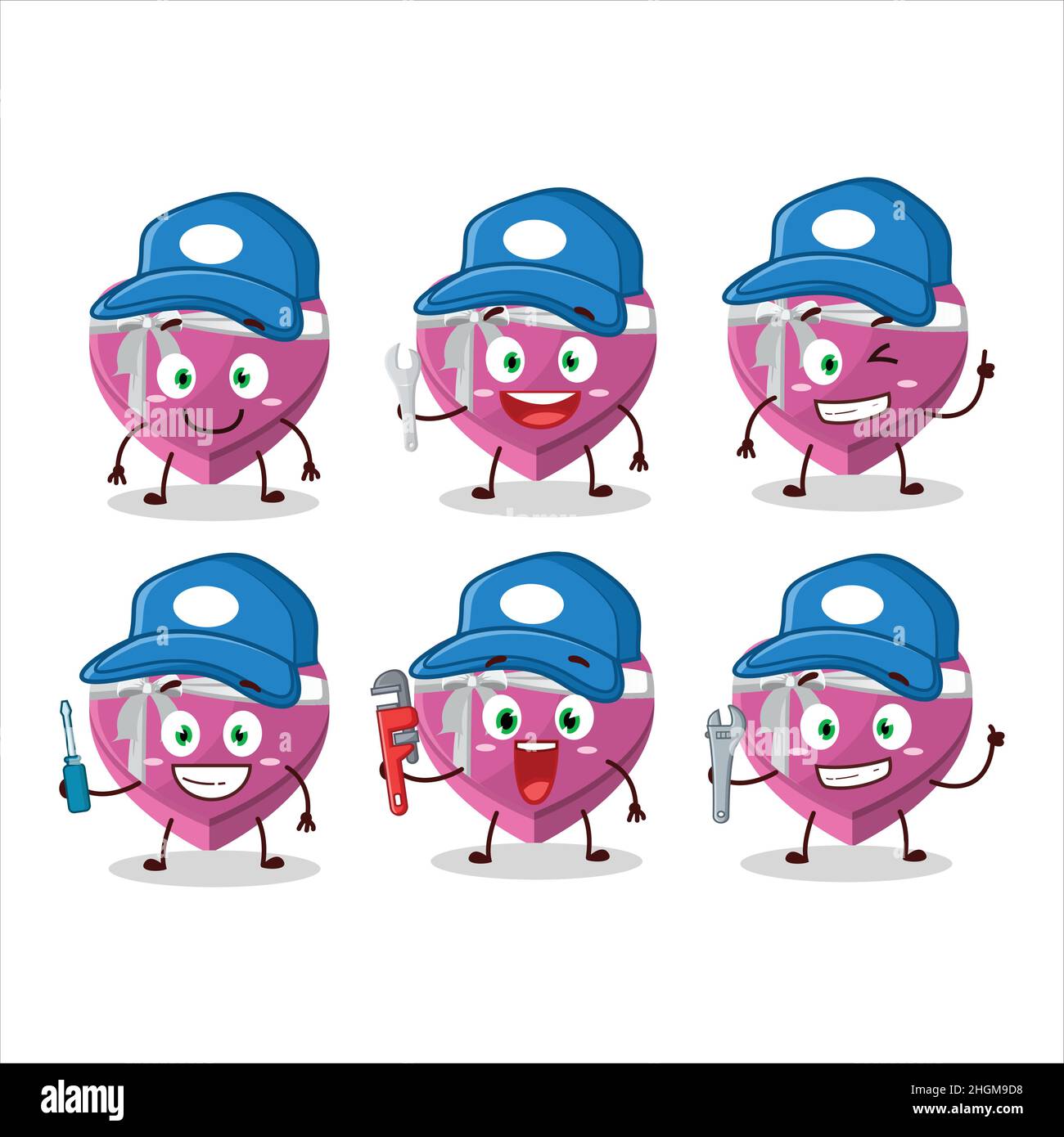 mechanic pink love gift box cute mascot character with pliers. Vector ...