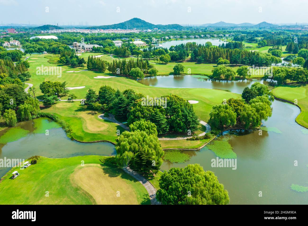 Aerial view of green lawn and forest on golf course.Green golf course ...