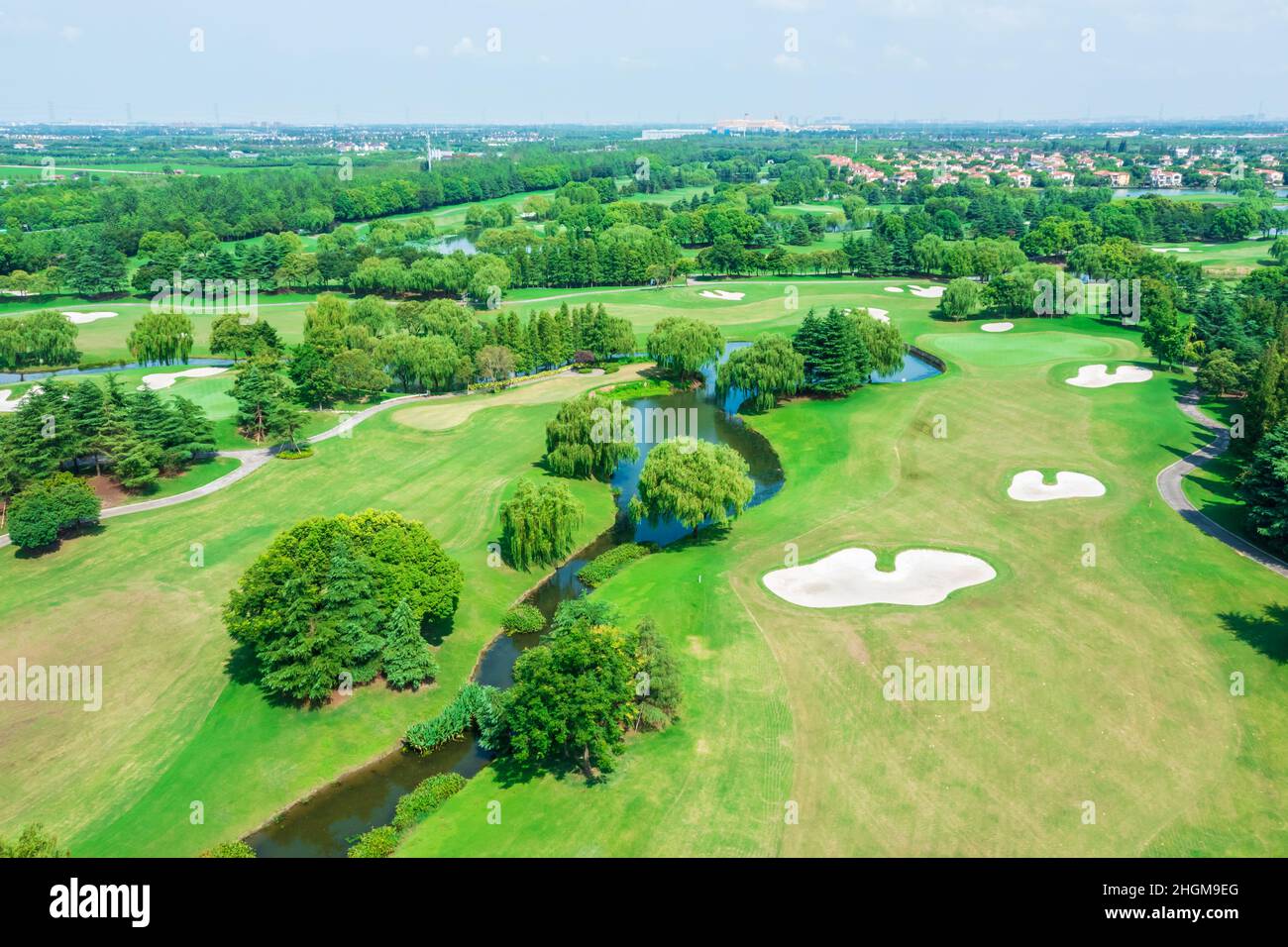 Aerial view of green lawn and forest on golf course.Green golf course ...
