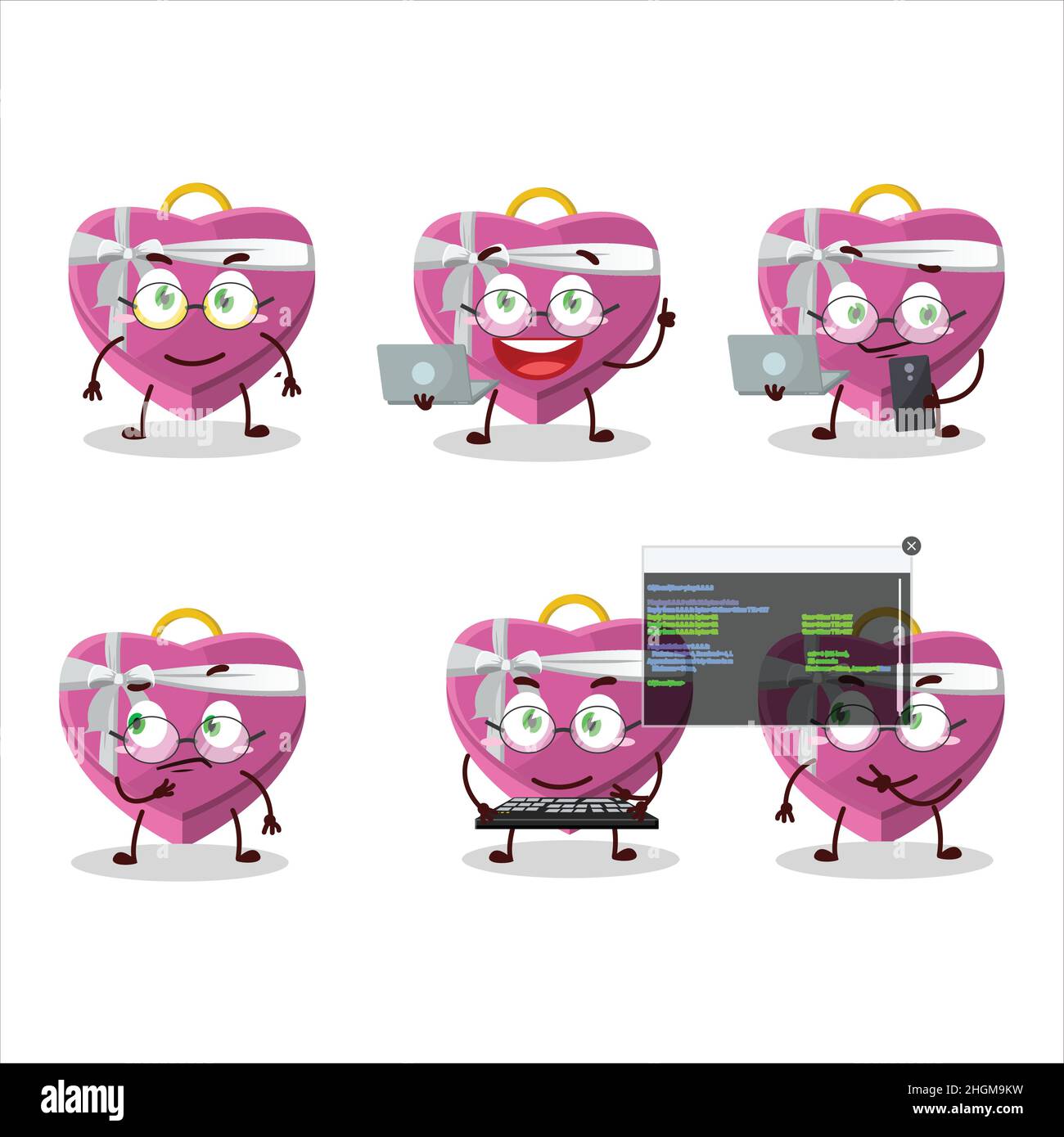 Pink love gift box Programmer cute cartoon character with. Vector ...