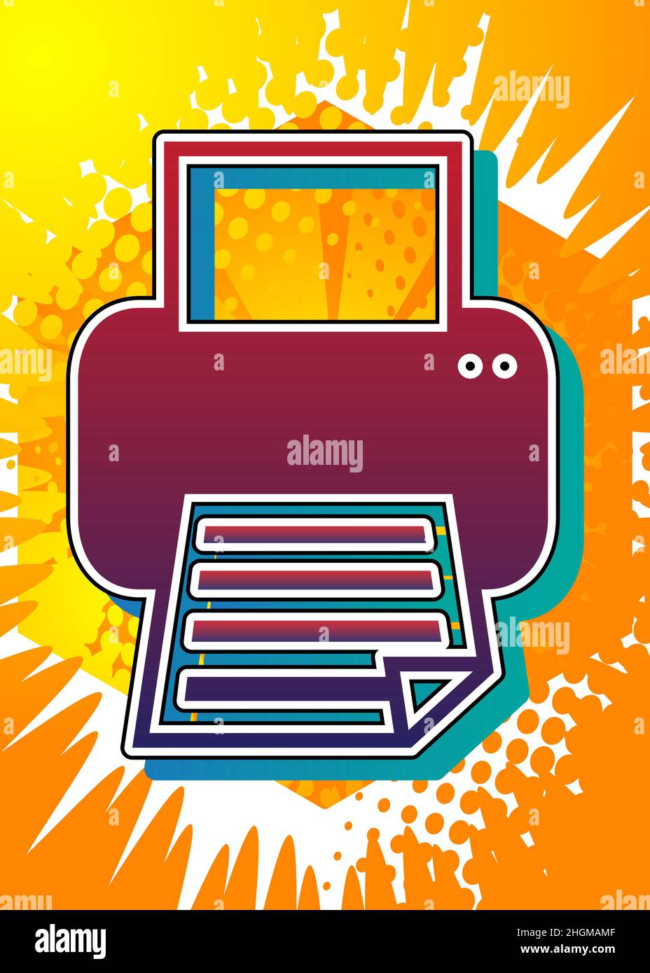 Printer icon, sign. Comic book word symbol on abstract comics ...