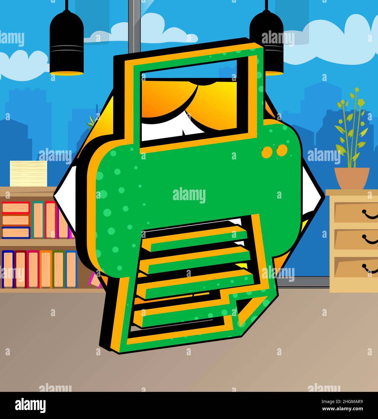 Printer icon, sign. Comic book word symbol on abstract comics ...