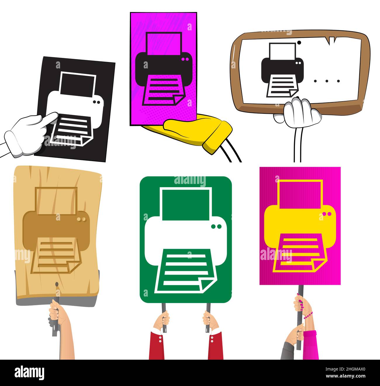 Hand holding banner with Printer sign, icon. Showing billboard ...