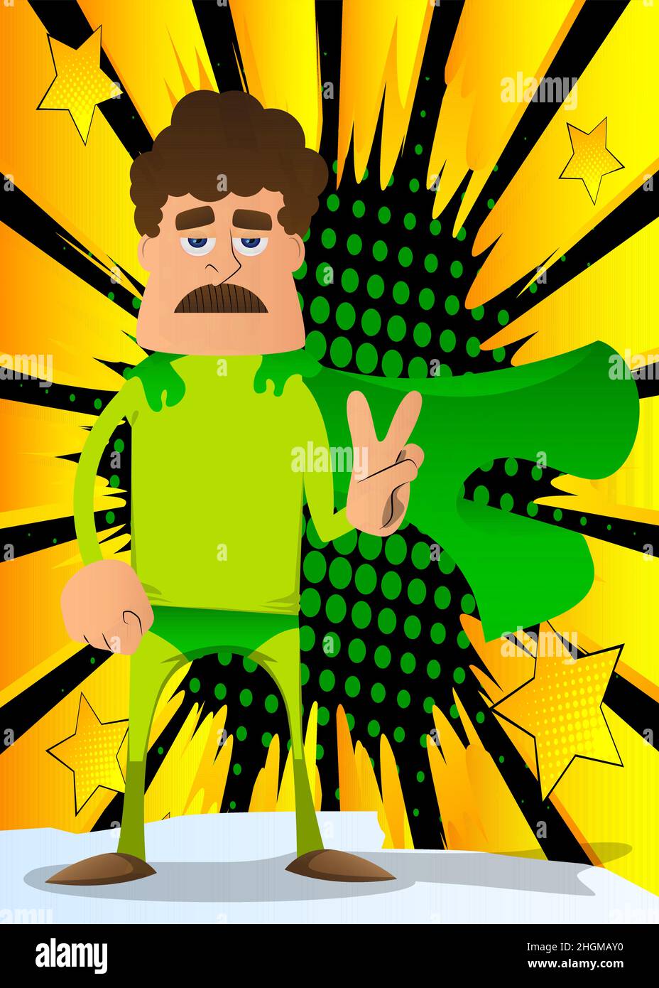 Funny cartoon man dressed as a superhero showing the V sign, peace hand ...