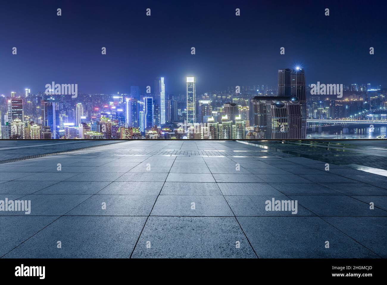 Panoramic skyline and modern commercial buildings with empty square at ...