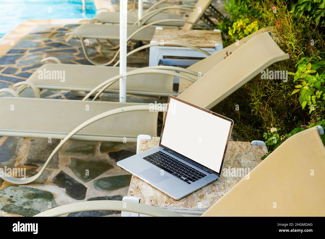 computer on table background as a pool Stock Photo - Alamy