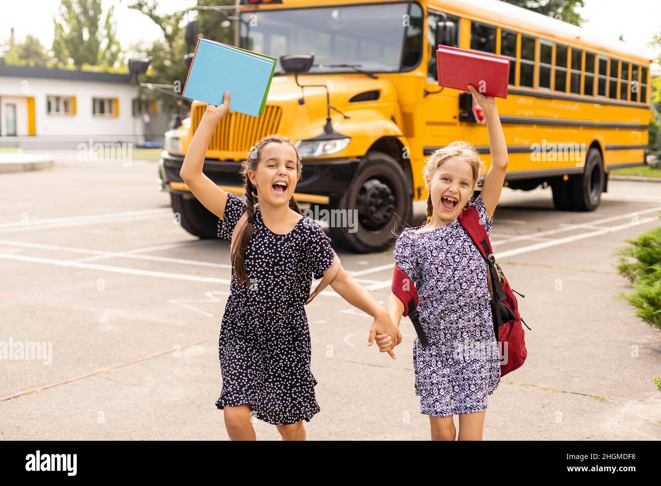 Child running school bus hi-res stock photography and images - Alamy