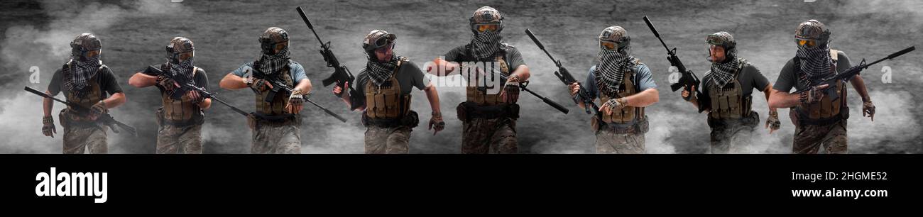 Large group mercenaries soldiers, during a special operation in smoke ...