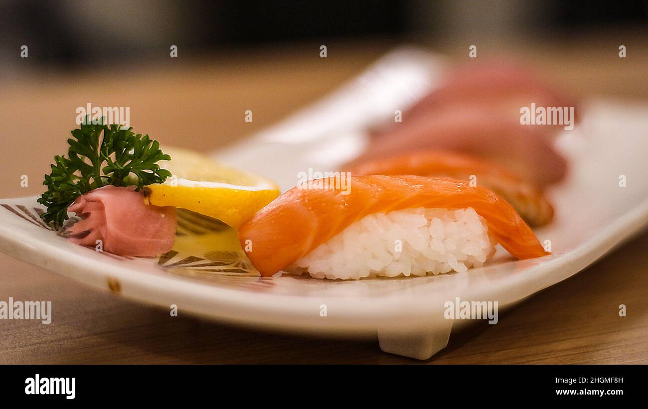 ready-to-eat sushi after ordering at a typical Japanese restaurant ...