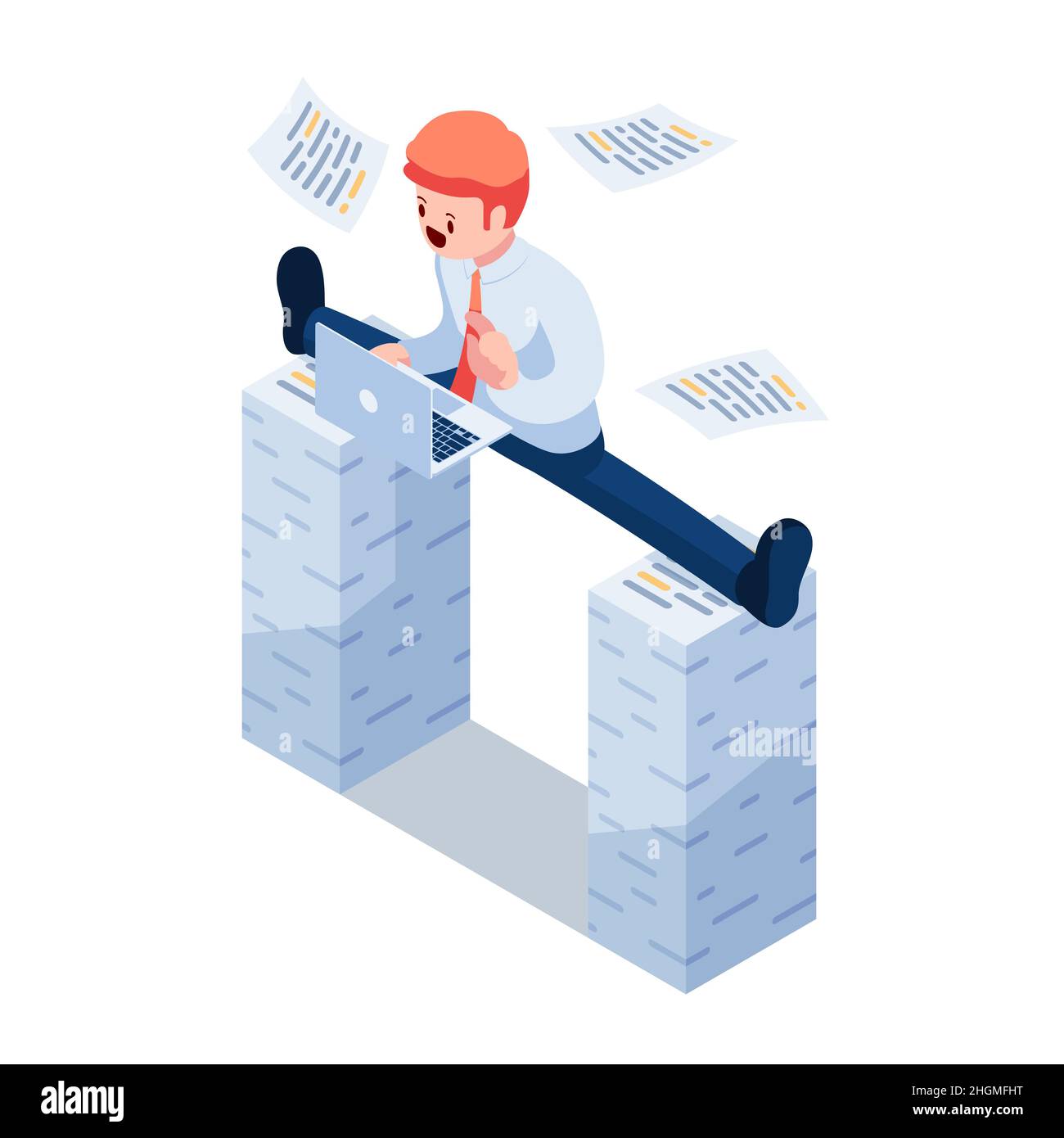 Flat 3d Isometric Businessman with Laptop Spread his Legs Between Stack ...