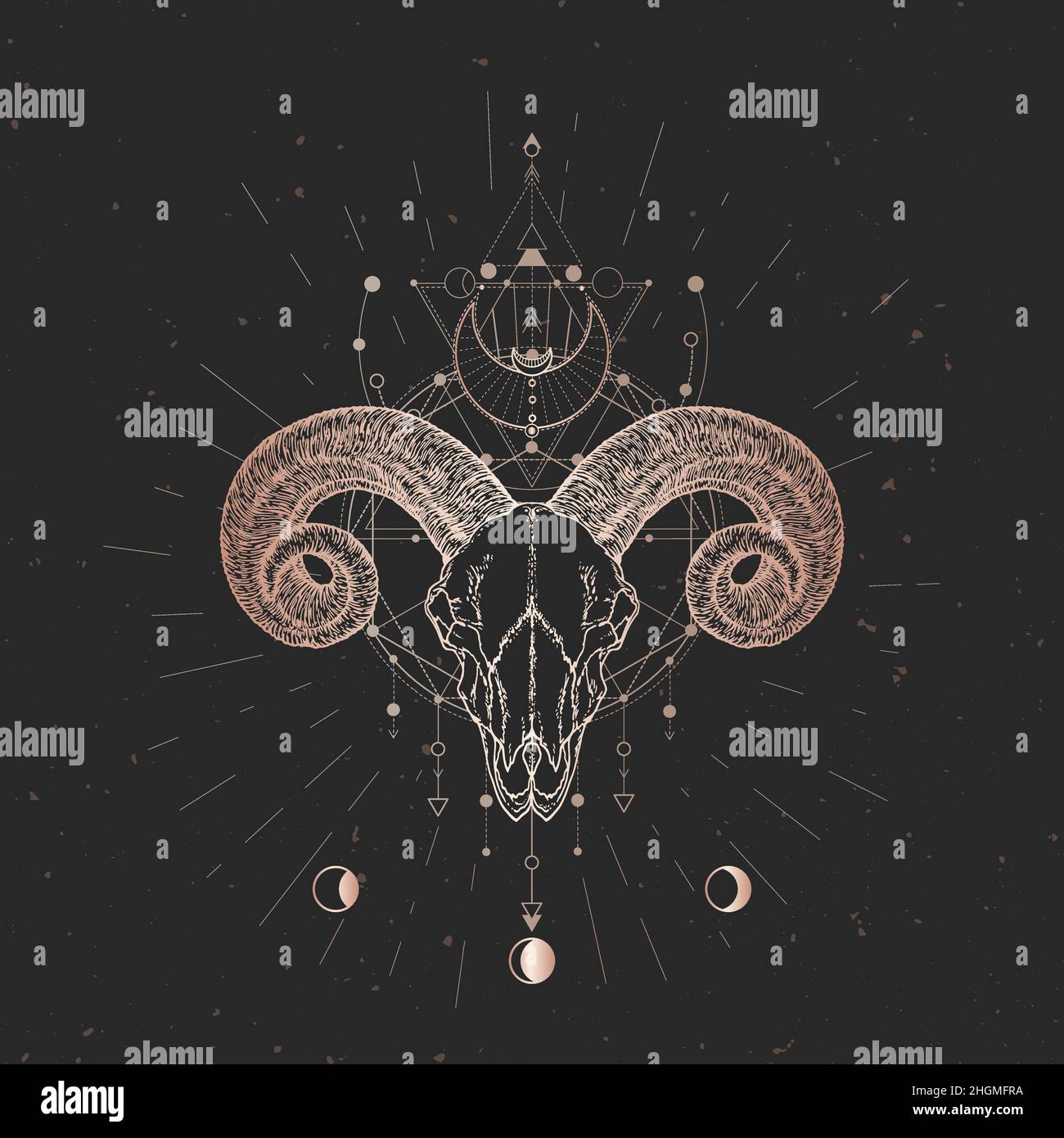 Vector illustration with hand drawn Ram skull and Sacred geometric ...