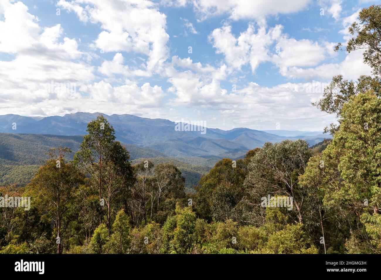 Photograph of a large mountain ridge line and valley in the Snowy ...