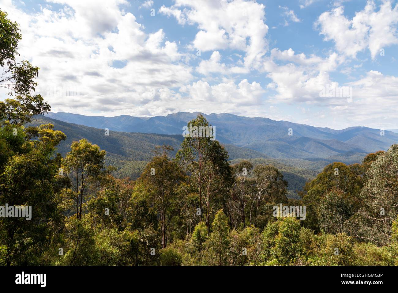 Photograph of a large mountain ridge line and valley in the Snowy ...