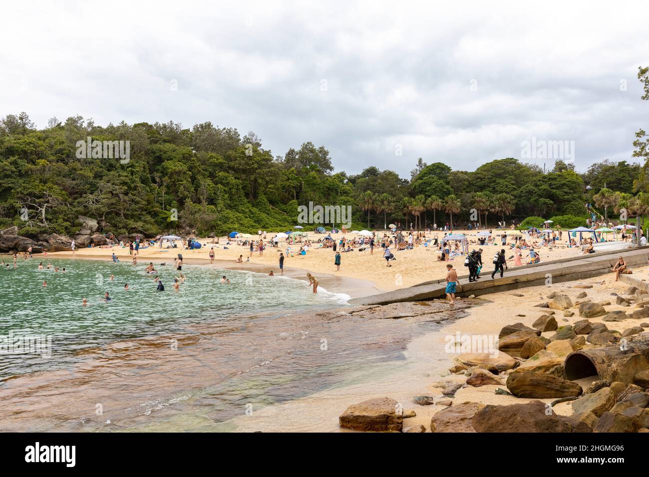 Shelly Beach in Manly Sydney Australia, people sunbathing and relaxing ...