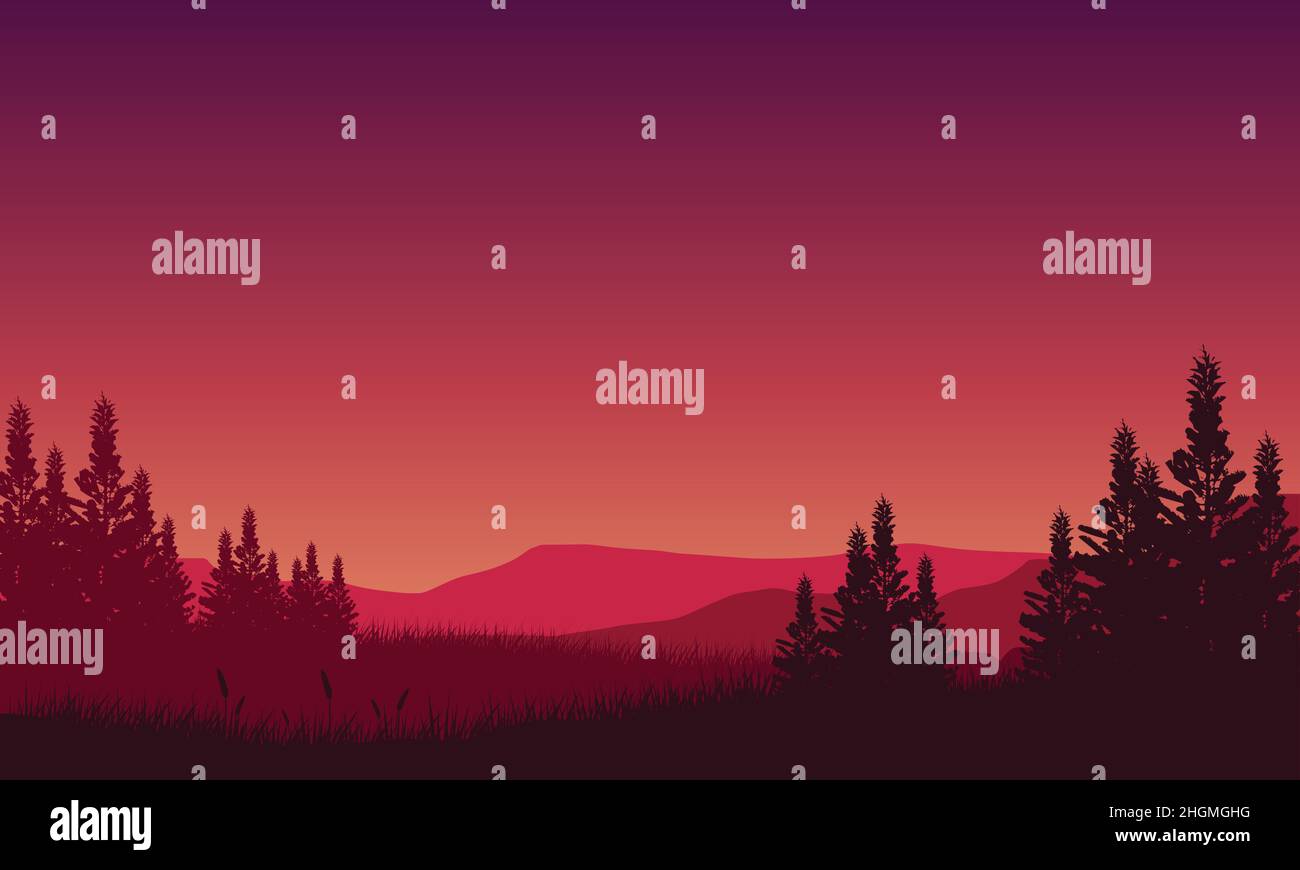 Beautiful mountain view at night with shady trees and forest.Vector ...