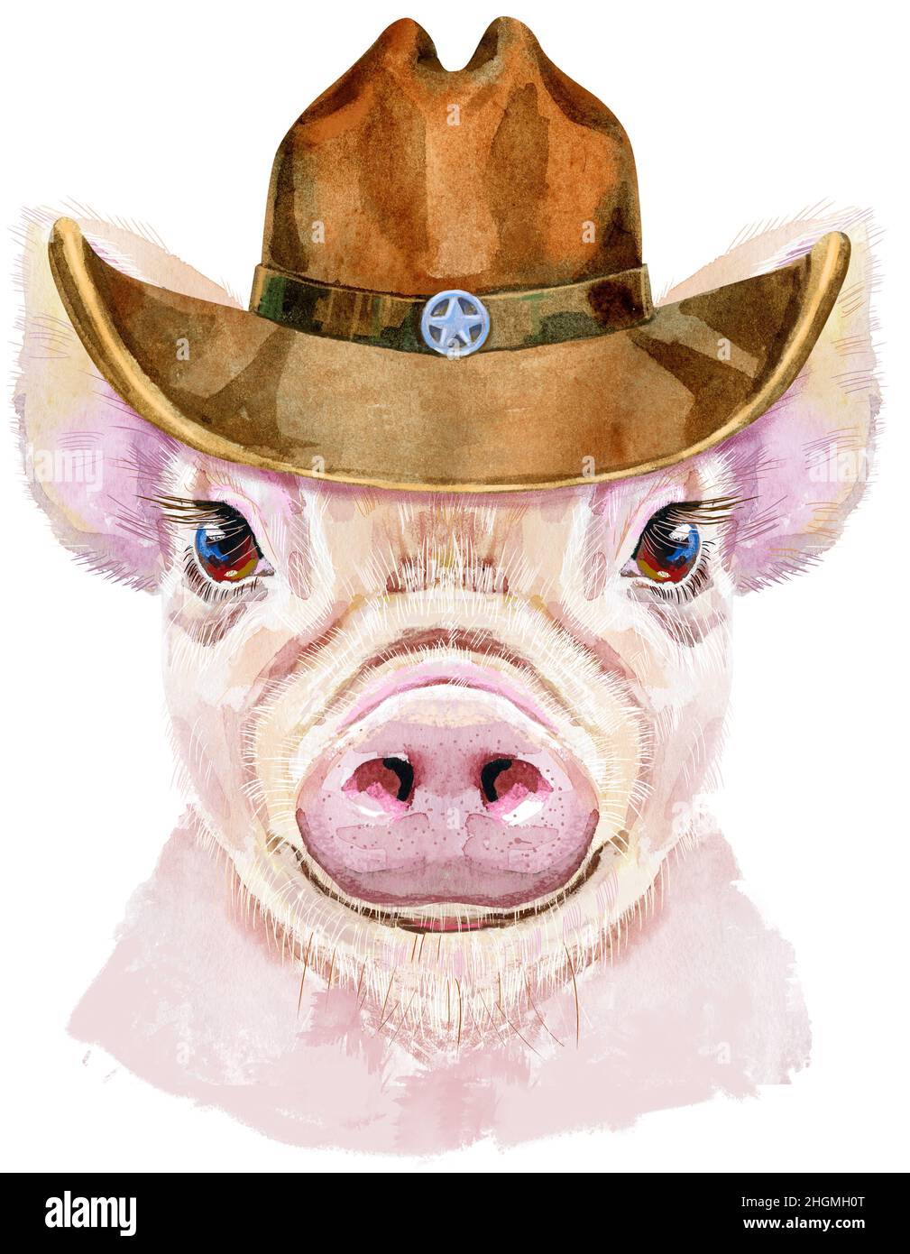 Cute piggy in cowboy hat. Pig for T-shirt graphics. Watercolor pink ...