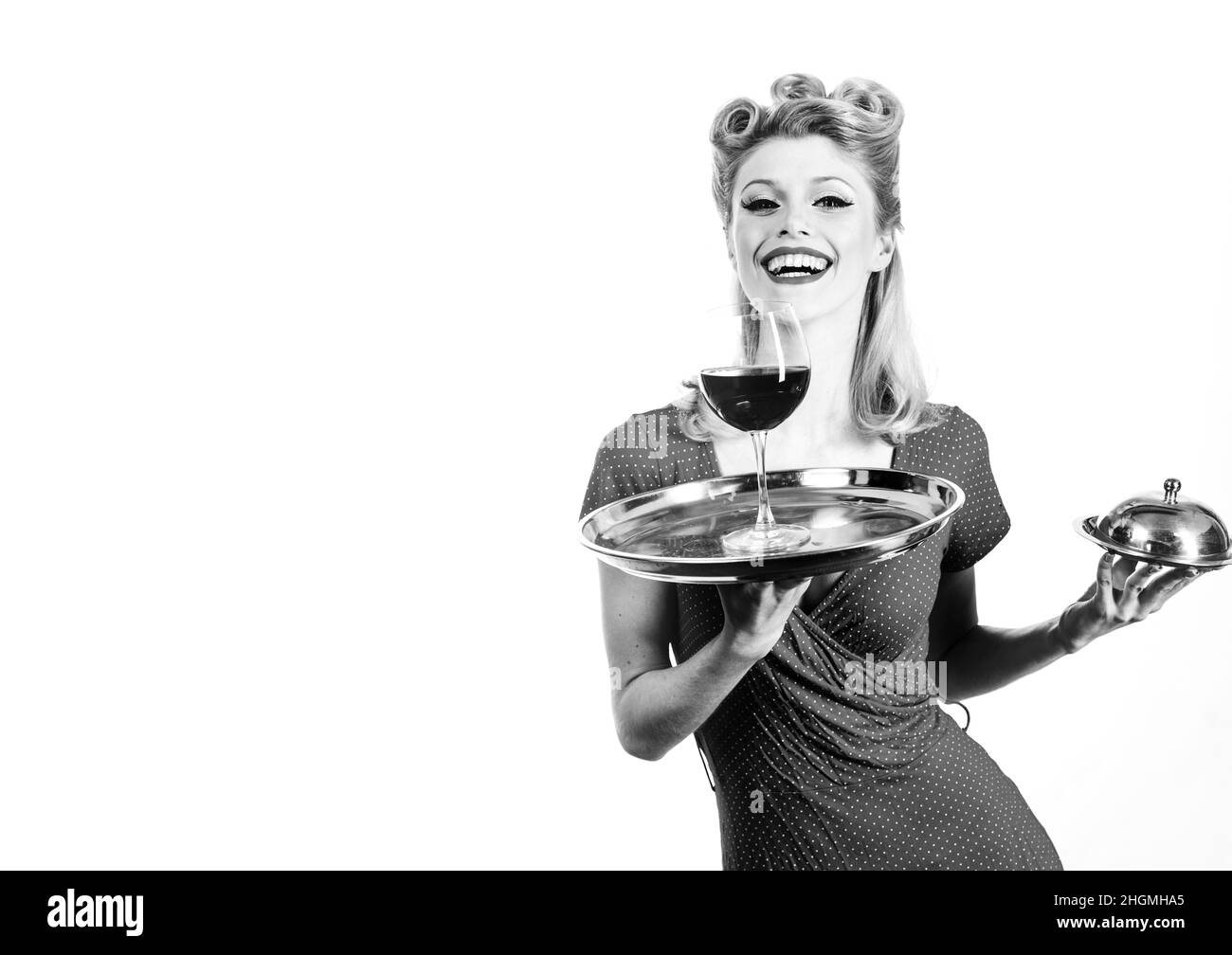Pin Up Girl Waiter With Wine And Service Tray Restaurant Serving