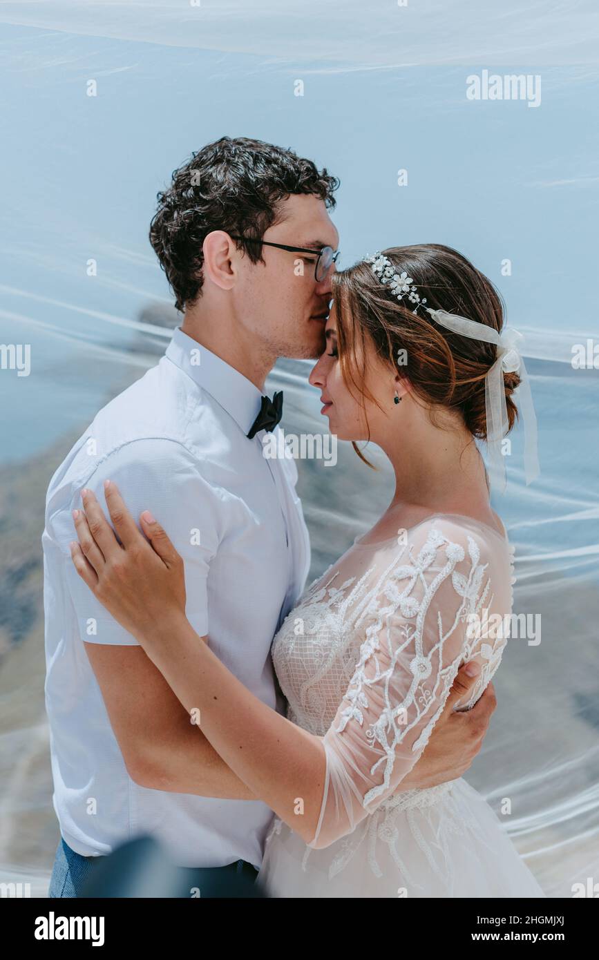 beautiful bride and groom hugging and kissing under the bridal veil in ...