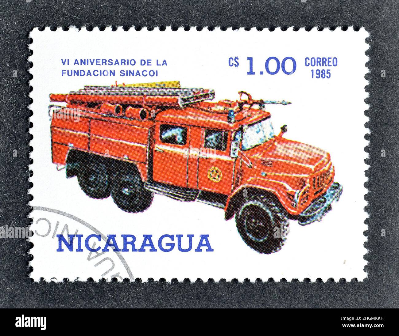 cancelled postage stamp printed by Nicaragua, that shows Fire truck ...