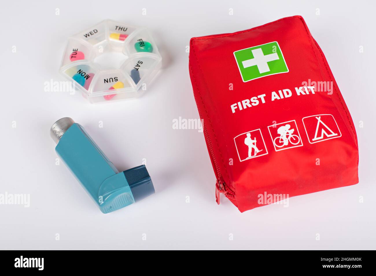 Top view of a first aid medical kit on white background Stock Photo - Alamy