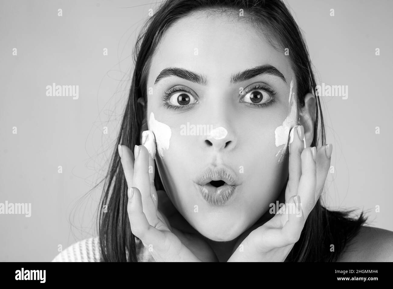 Beauty portrait of beautiful female model. Amazed surprised woman with ...