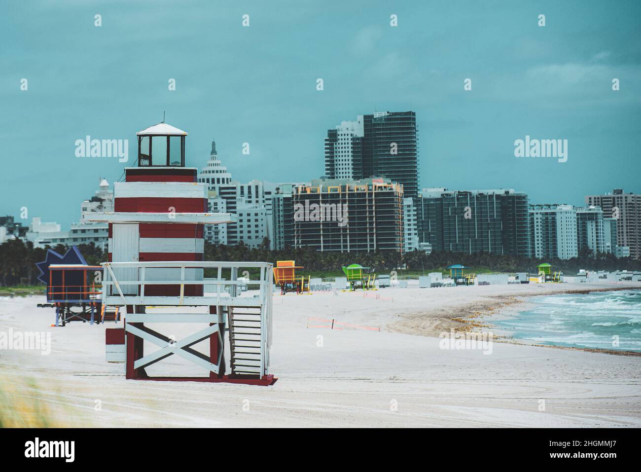 Miami South Beach skyline. Lifeguard tower in colorful Art Deco style ...