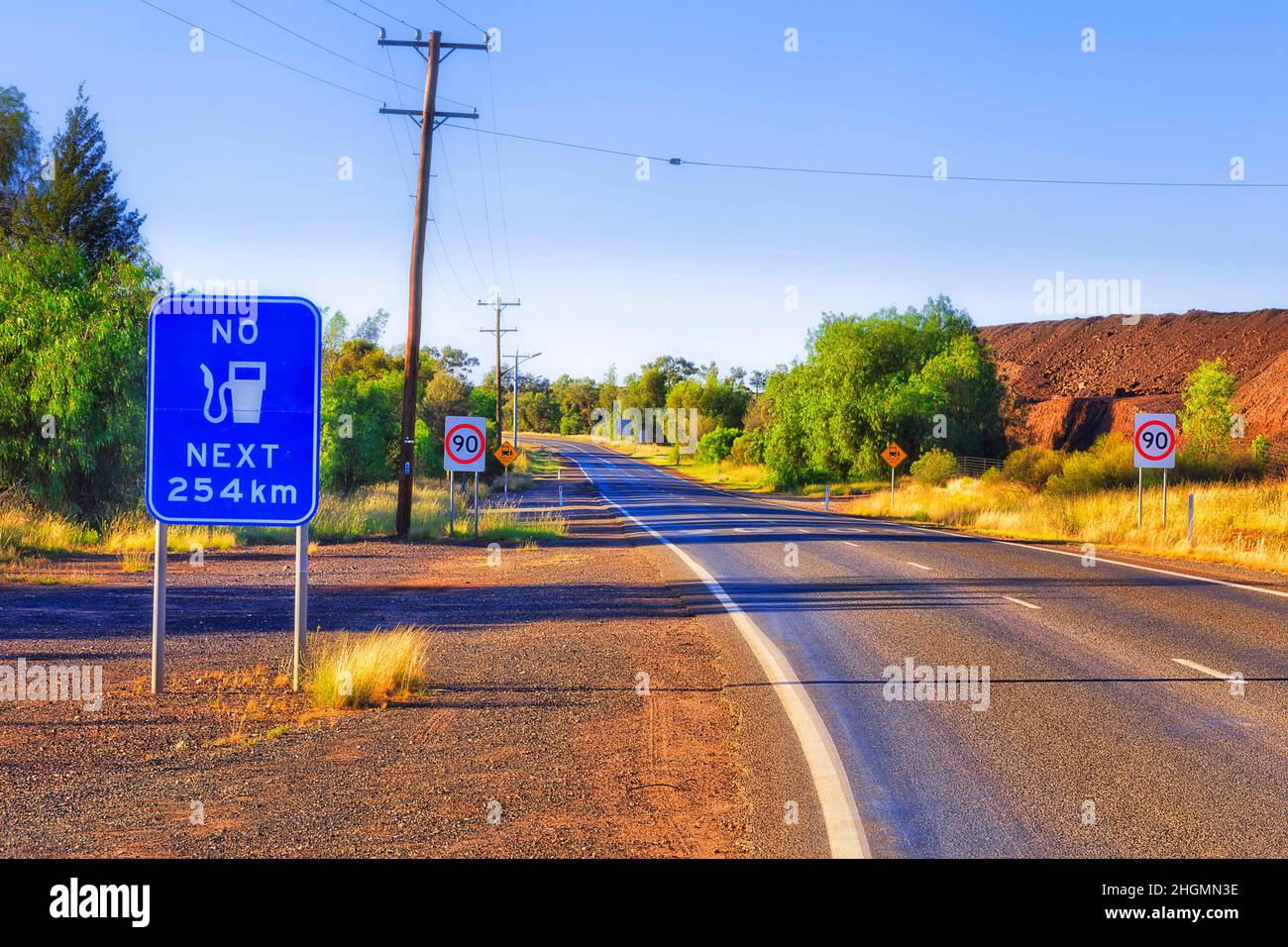 No fuel warning sign on roadside of Barrier HIghway in Cobar mining ...