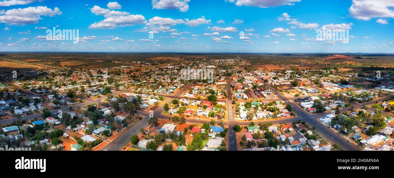 Downtown of Cobar copper city in wide aerial panorama with view of ...