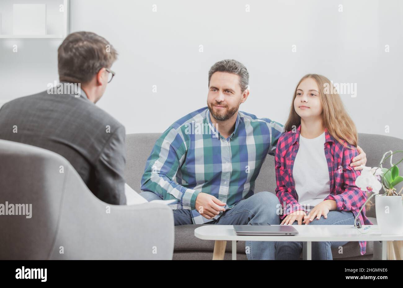 Father and child daughter with girl discussing problems in family with ...