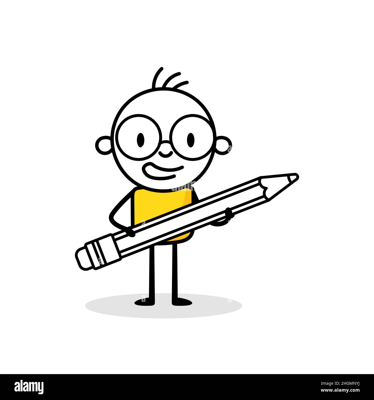 Man holding pencil isolated on white background. Hand drawn doodle line ...