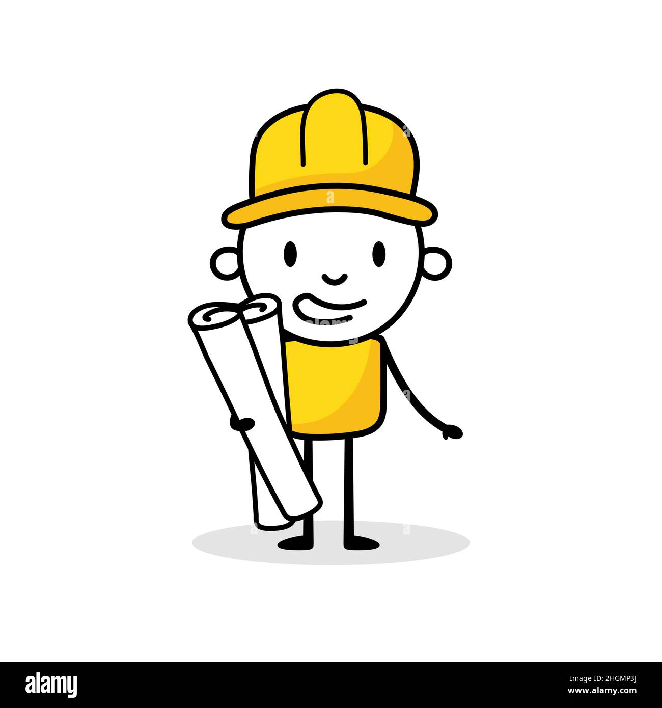 Hand drawn doodle line art of young male architect holding blueprint ...