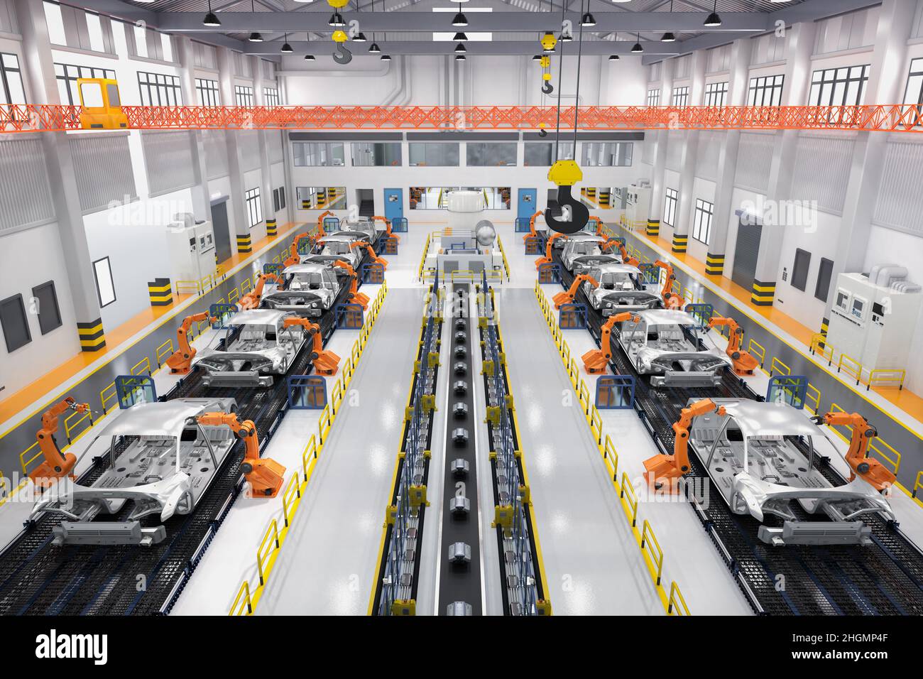 Automation automobile factory concept with 3d rendering robot assembly ...