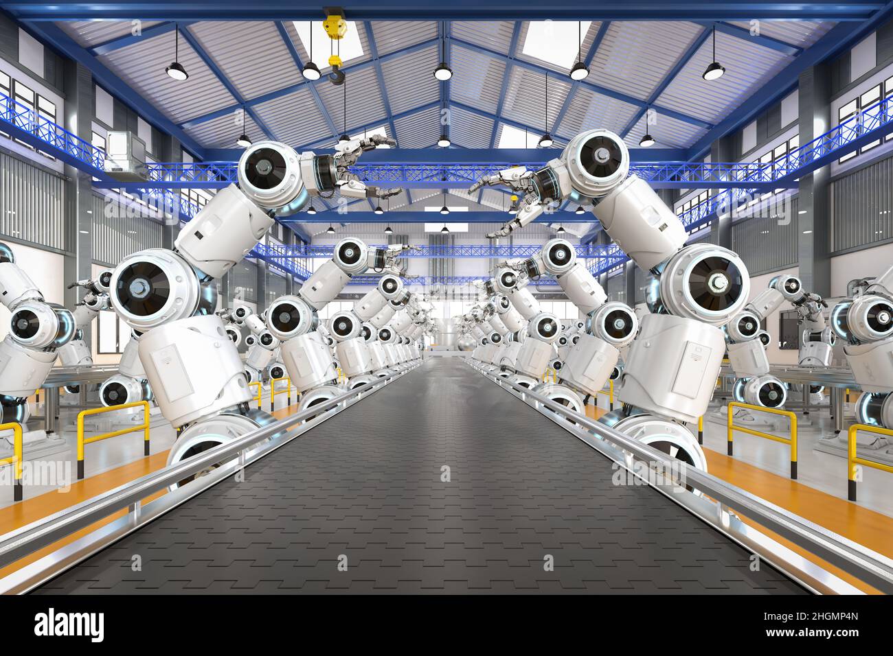 Automation industry concept with 3d rendering robot assembly line with ...