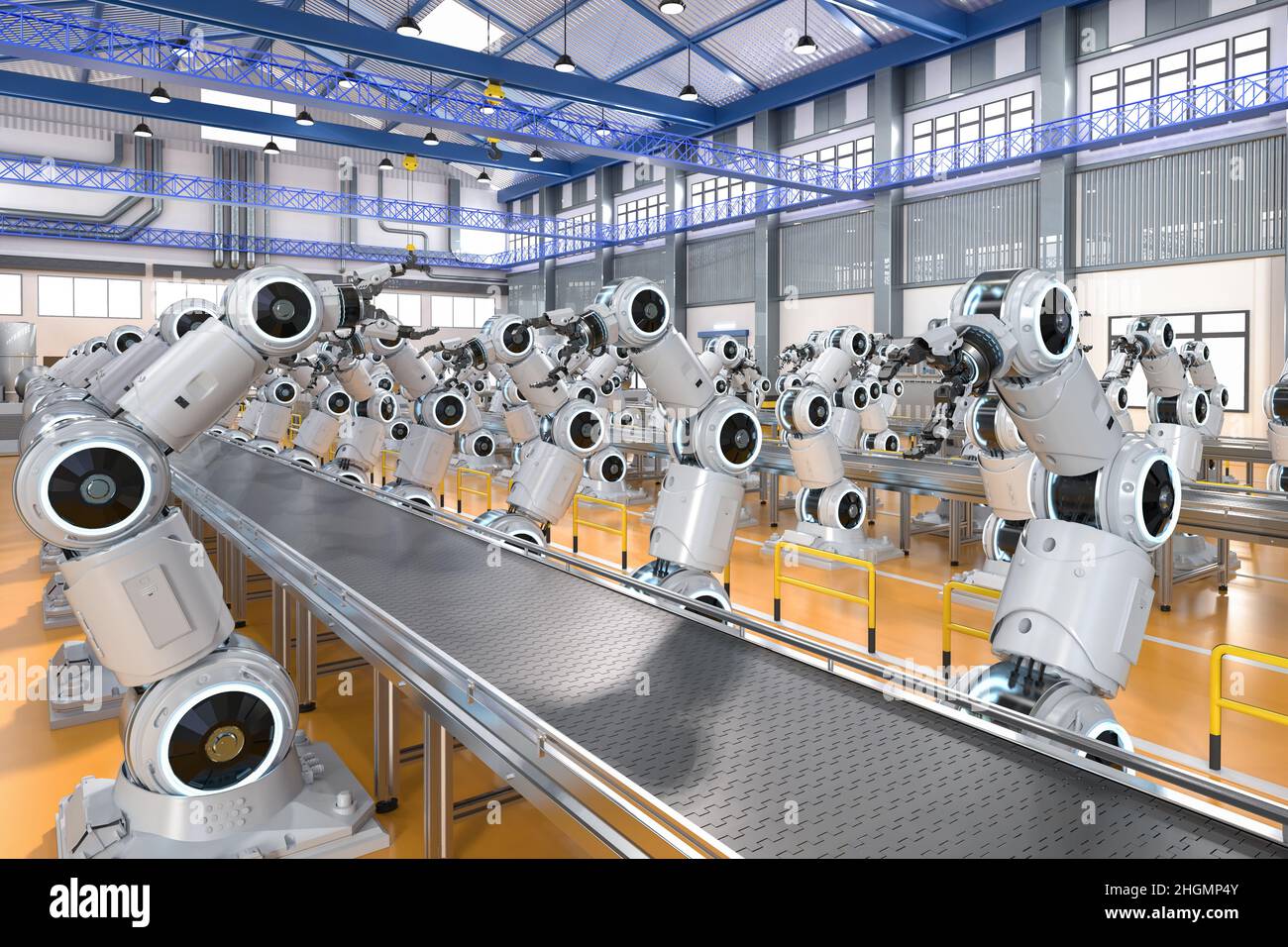 Automation industry concept with 3d rendering robot assembly line with empty conveyor belt Stock ...