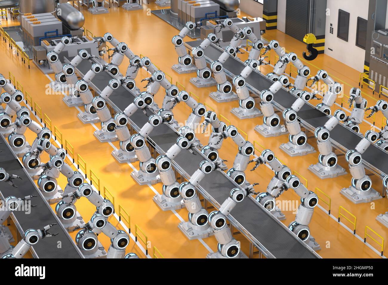Automation industry concept with 3d rendering robot assembly line with empty conveyor belt Stock ...