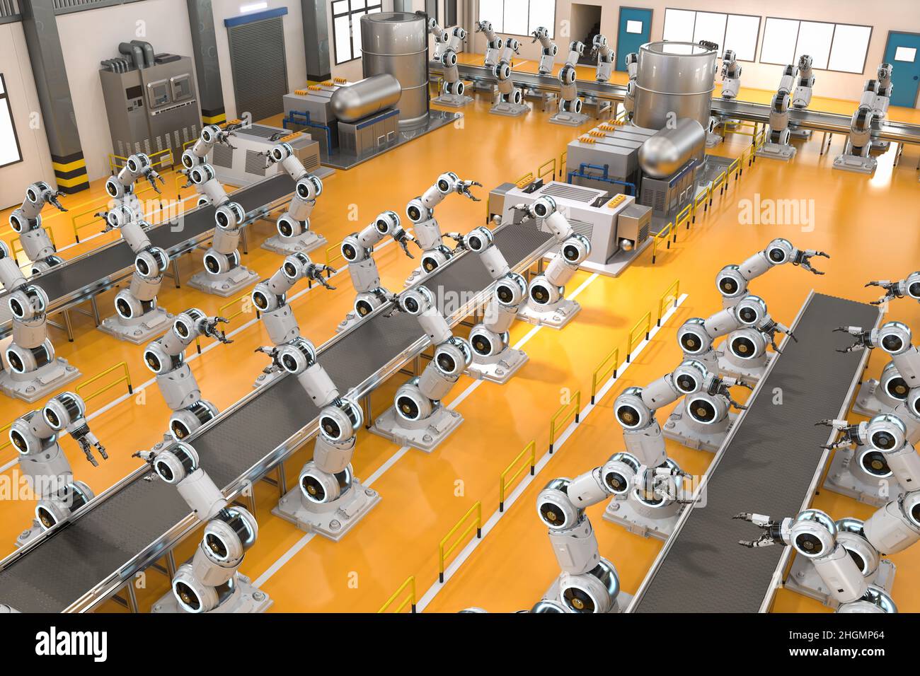 Automation industry concept with 3d rendering robot assembly line with empty conveyor belt Stock ...
