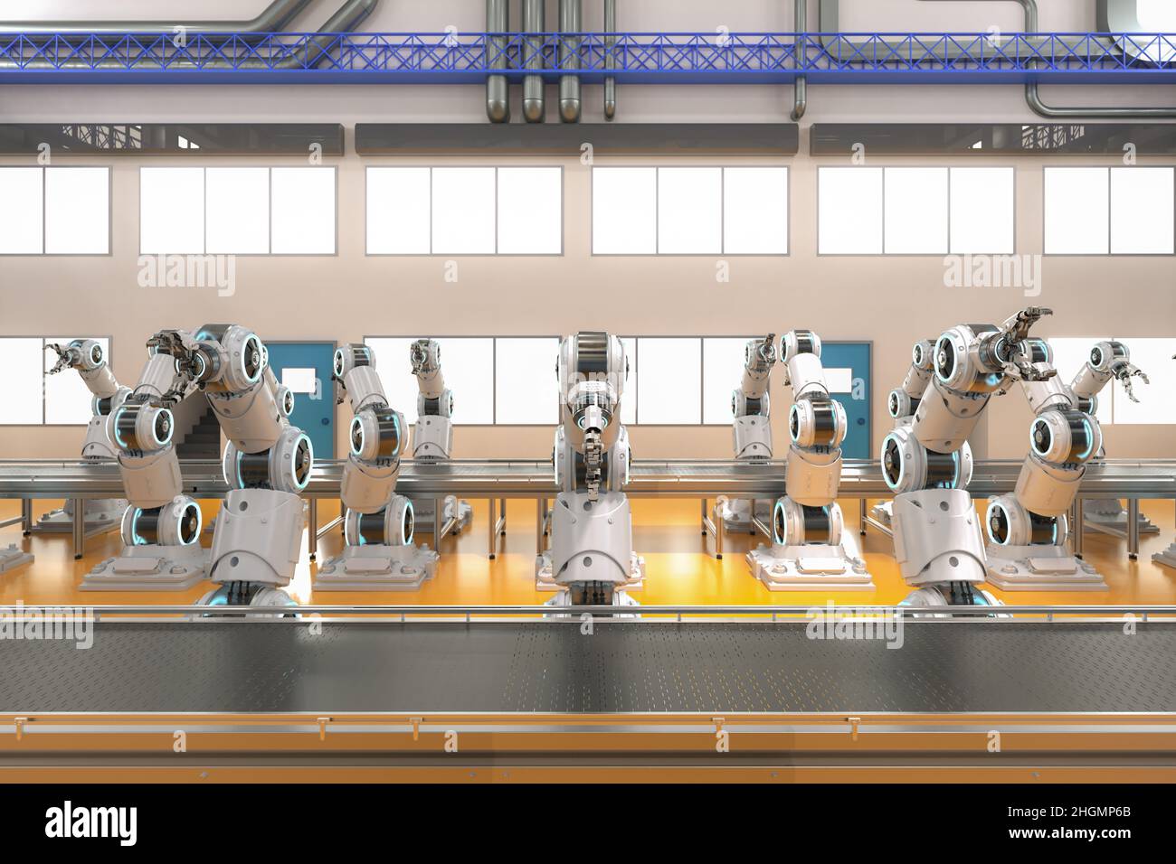 Automation industry concept with 3d rendering robot assembly line with empty conveyor belt Stock ...