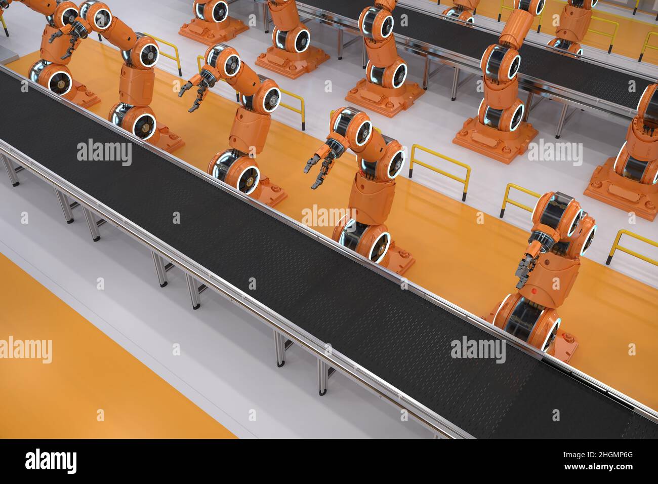 Automation industry concept with 3d rendering robot assembly line with ...