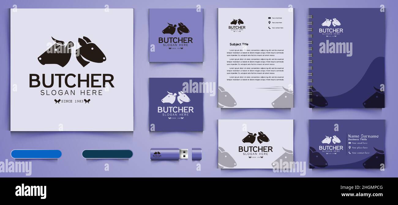 rabbit, cow head, crossed knife, slaughter logo and business branding ...